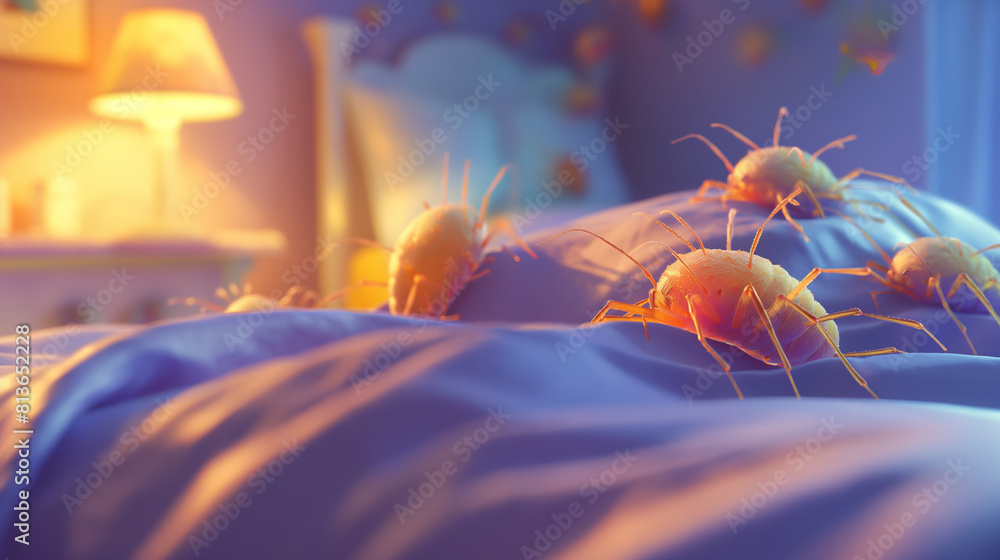 Bed bugs or mites crawling on the bed linen, where child is sleeping ...