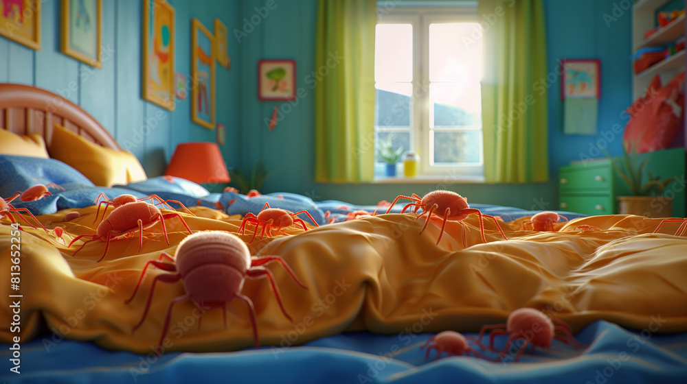 Bed bugs or mites crawling on the bed linen, where child is sleeping ...