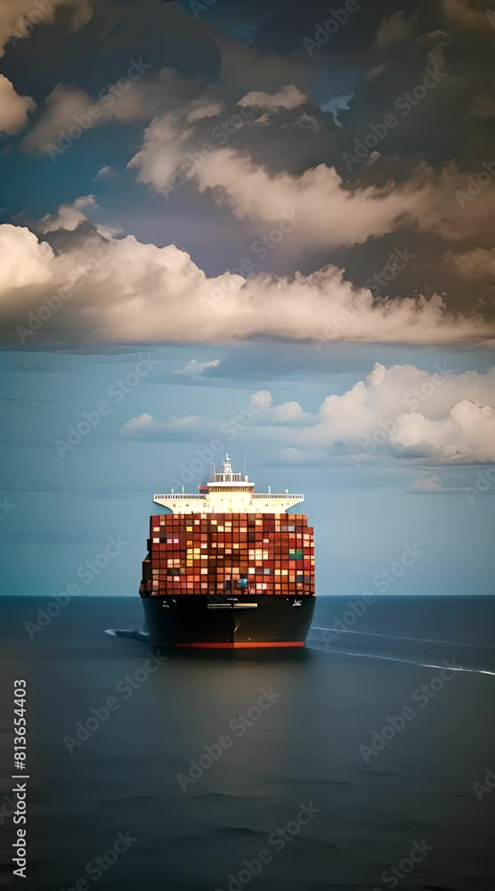 cargo ship with stacks of containers, traveling in the middle of the ...