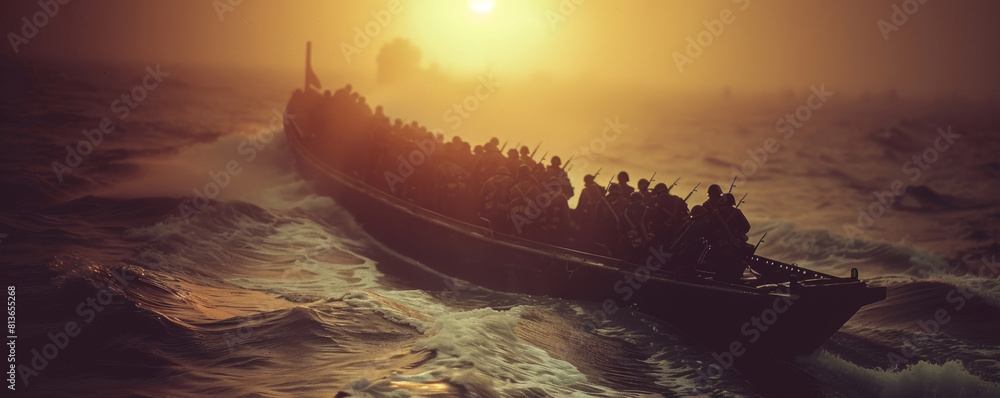 Vessel filled with soldiers of marine corps against sunset. Boat cuts ...