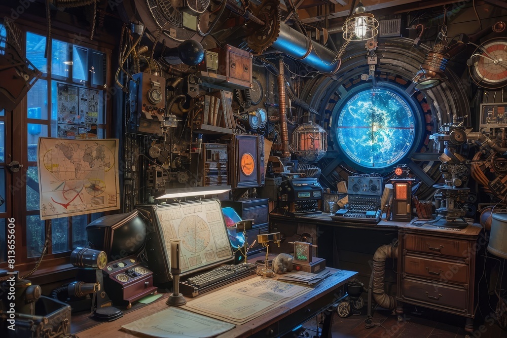 Steampunk-Inspired Inventor's Workshop with Time Traveling Gear Stock ...