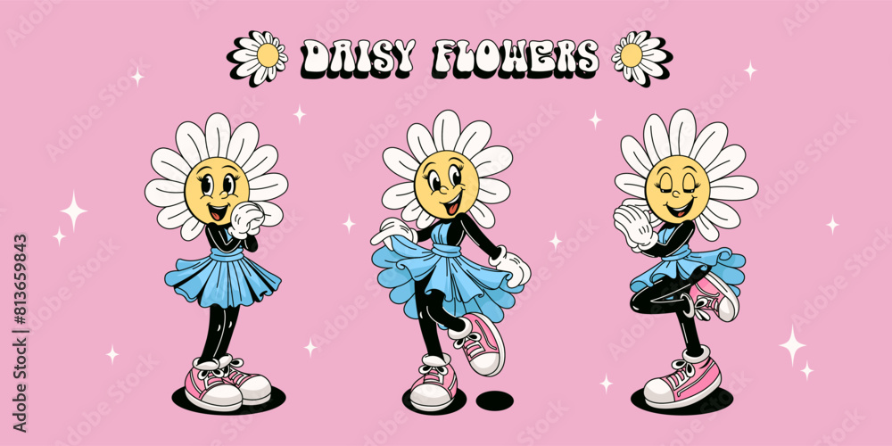 Groovy daisy flower set. Comic mascot of daisies with happy smile face ...