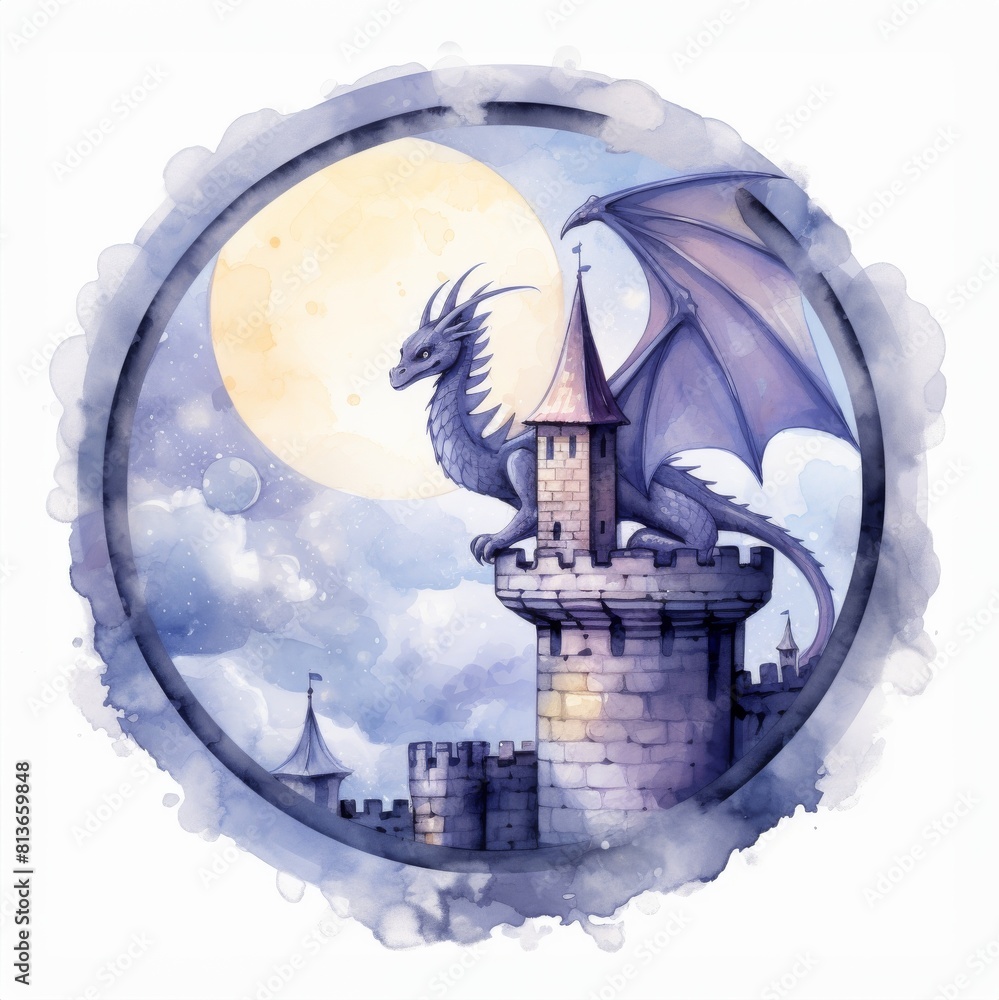 A dragon curling smoke rings, moonlit knight, viewed from a castle ...