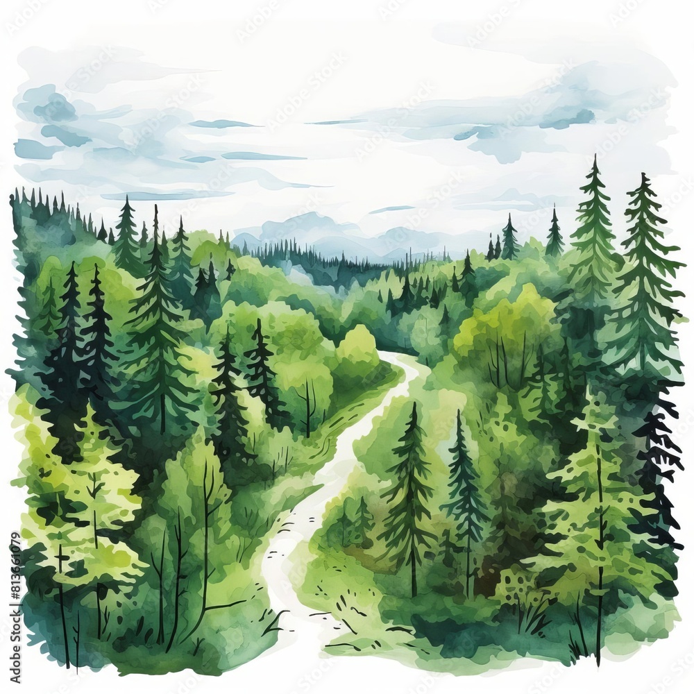 Taiga flat design top view Boreal forests theme water color vivid Stock ...