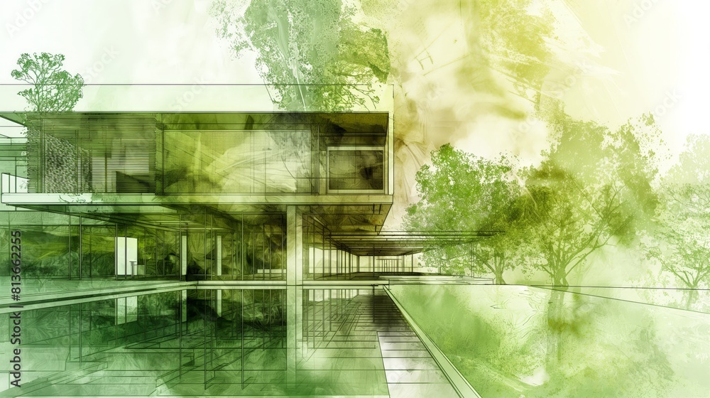 Sustainable architecture concept: double exposure digital illustration ...