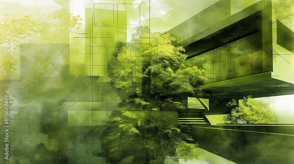 Sustainable architecture concept: double exposure digital illustration ...