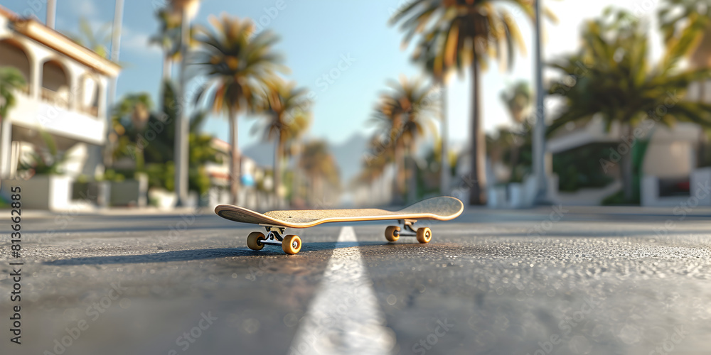 Skateboard putting on cement ground road and outdoor activity with palm ...