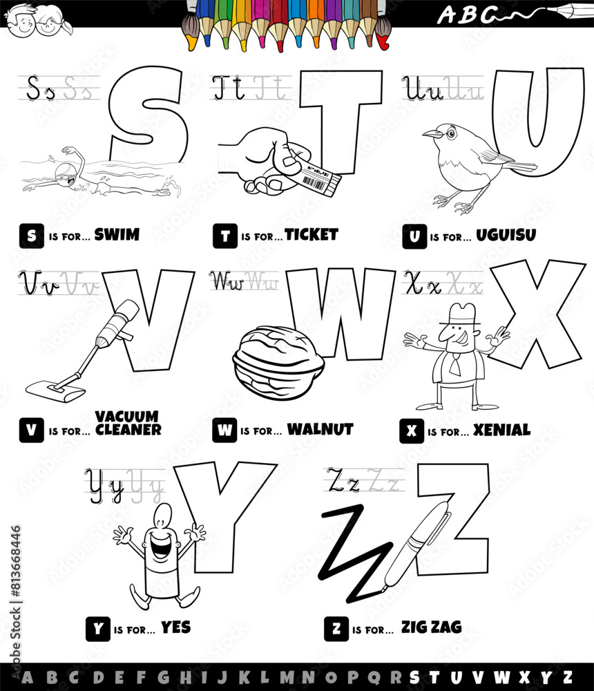 educational cartoon alphabet set from S to Z color book page Stock ...