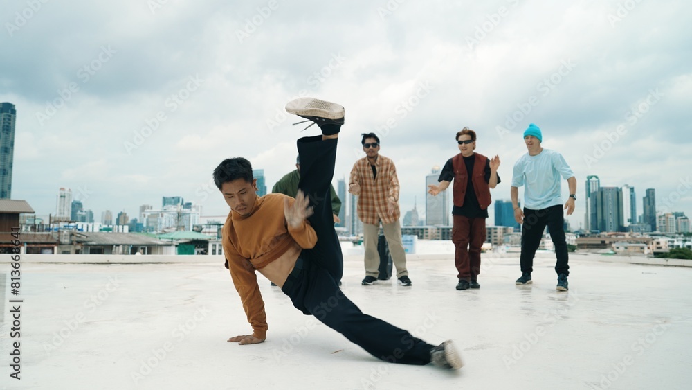 Professional break dance team practice B-boy dance while multicultural ...