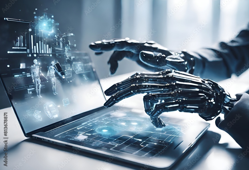 robotic hand working on a laptop computer.laptop silver laptop with ...