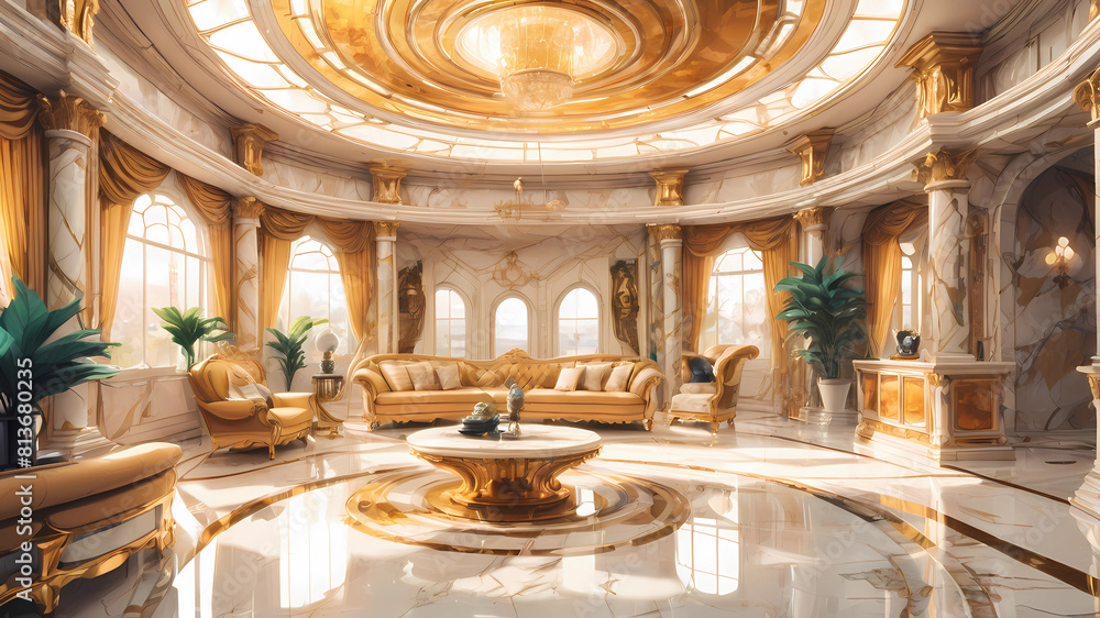 interior de una mansion futurista minal lujosa, marmol, color dorado ...