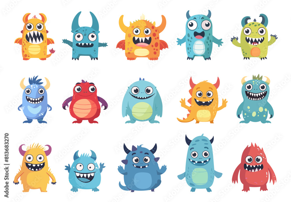 Cute cartoon monsters. Funny beast children mascots, halloween positive ...
