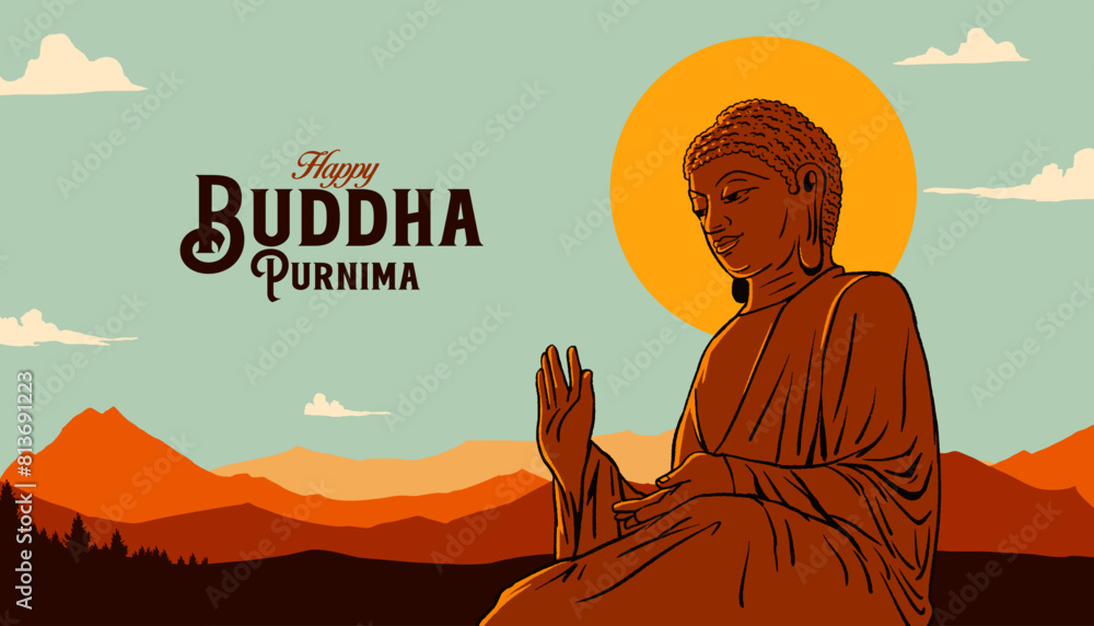 Happy Buddha Purnima calligraphy, Lettering with Buddha meditating ...