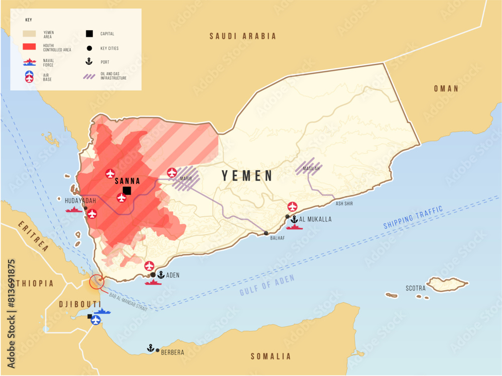 Yemen map. Houthis attacks on cargo trade. Red Sea crisis. Vector ...