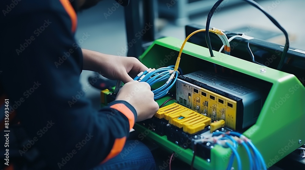 workers control electrical cables, control fiber optics. Electrical ...