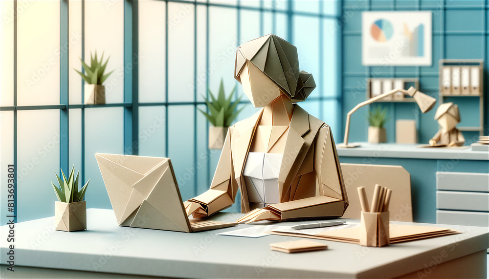 Professional Woman in Origami-Style Office Workspace: Artistic Paper ...
