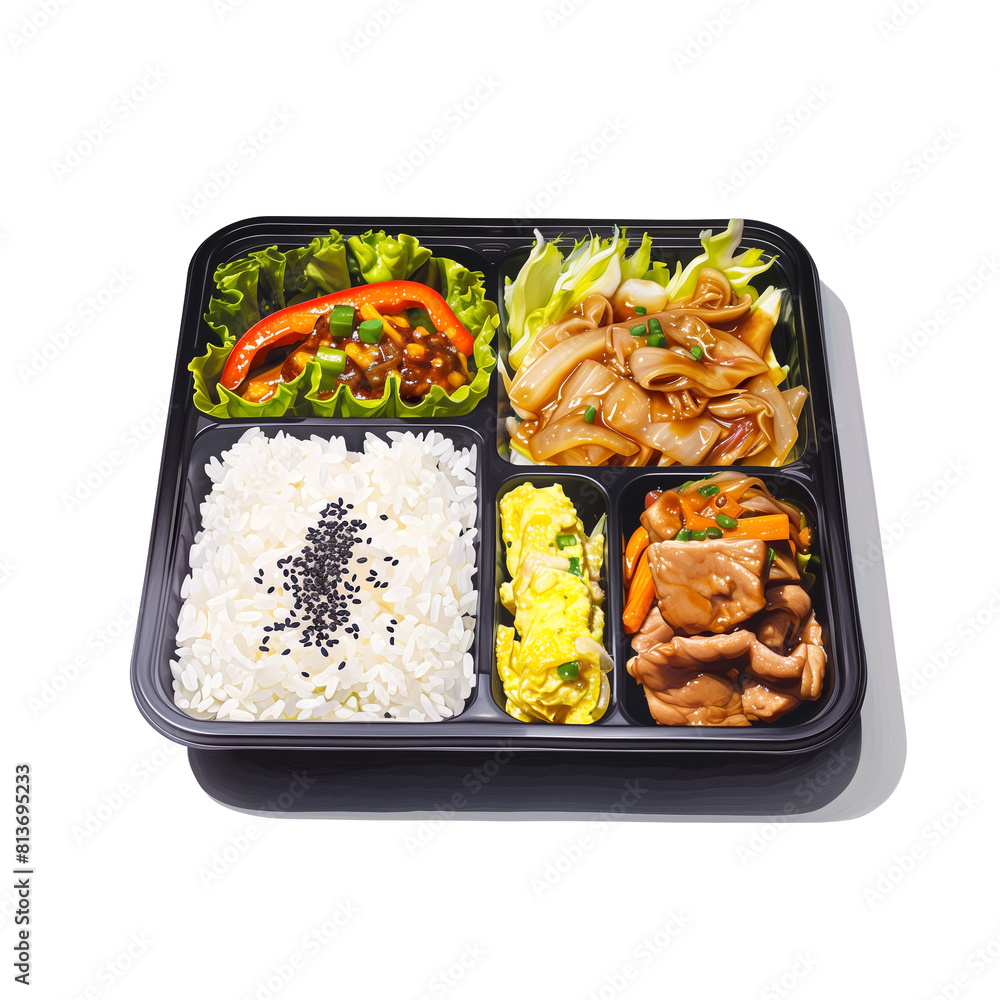 Watercolor illustration of a convenience store lunch box with pork ...