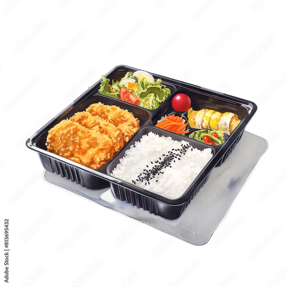 Watercolor illustration of a convenience store lunch box with crispy ...