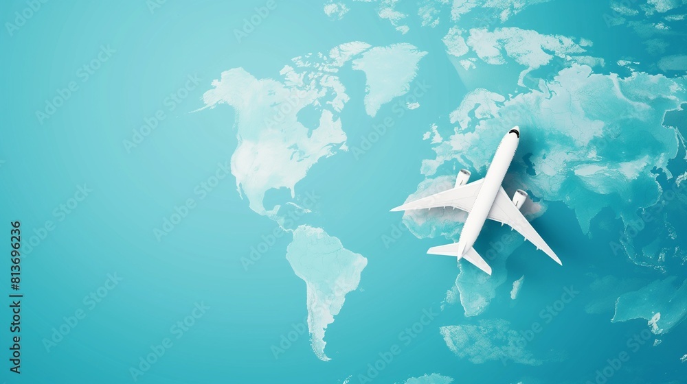 white airplane Placed on a world map showing the continents, top view ...