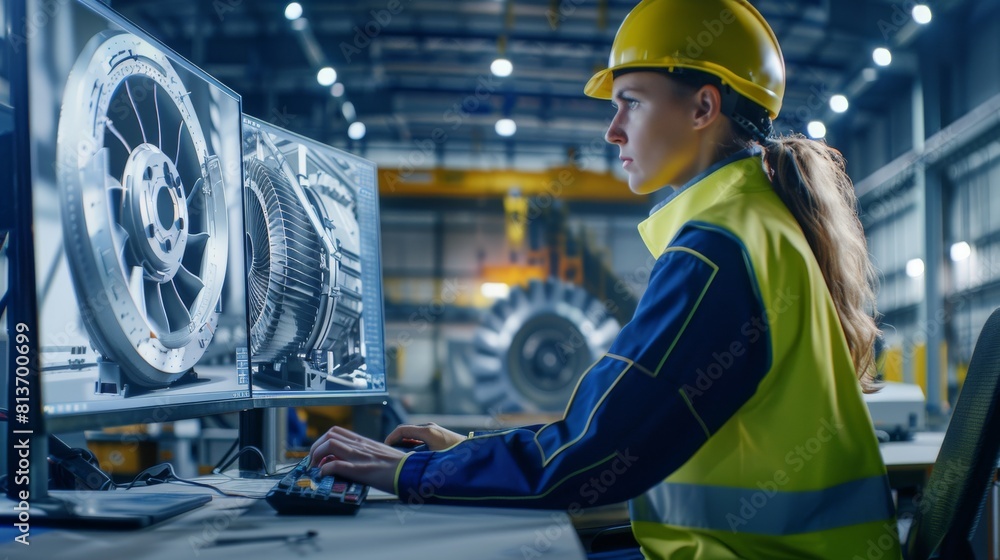 In the Heavy Industry Factory, a female industrial engineer uses a ...