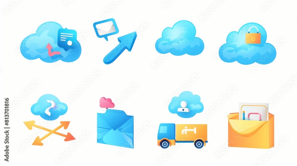 Animated cloud email icons with arrows. Modern color pictograms with ...