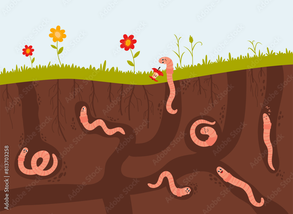 Worms creeps under ground. Cartoon worm, funny crawlers characters in ...