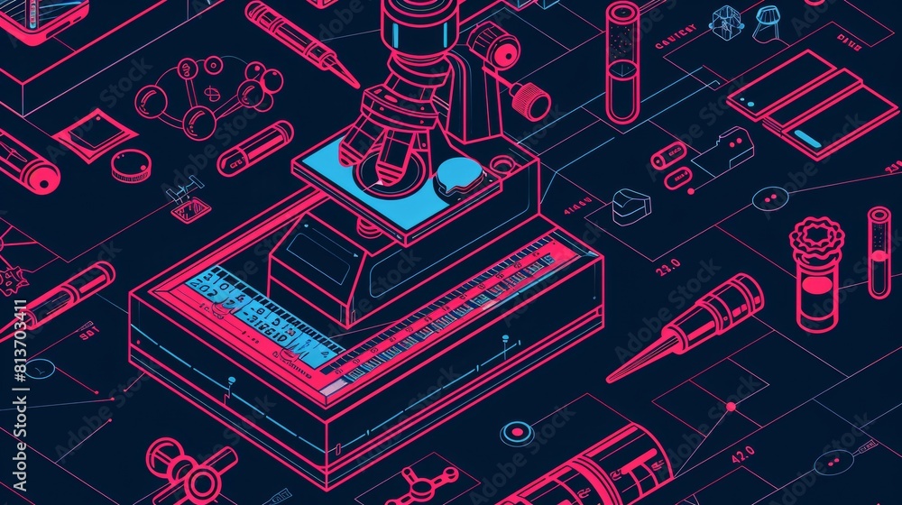 Using beacon technology, this isometric landing page depicts microscopy ...
