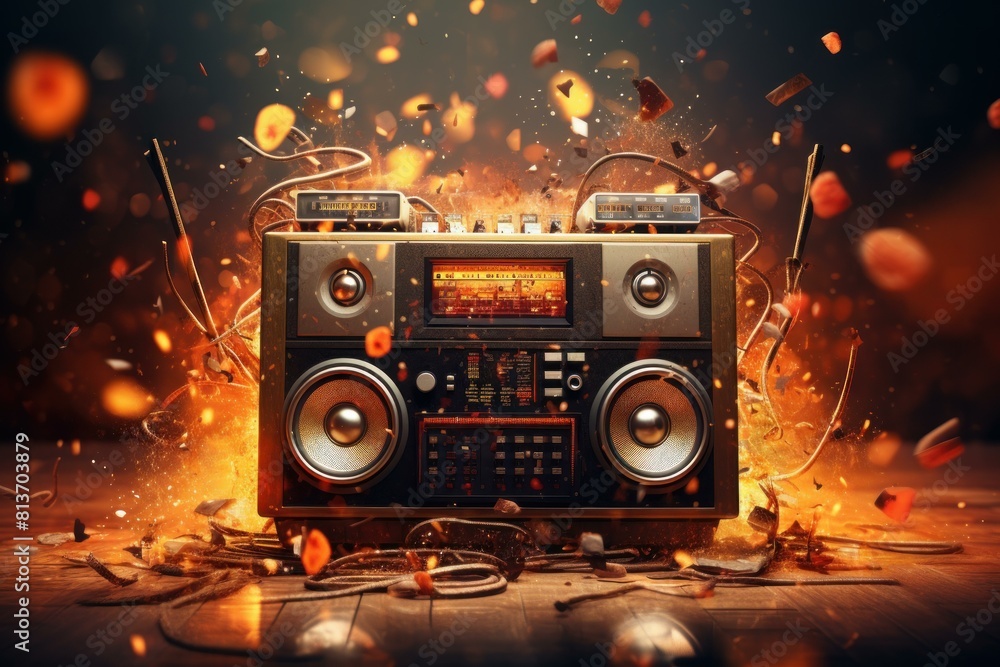 Retro boombox radiates energy with sparkling embers and dynamic light ...