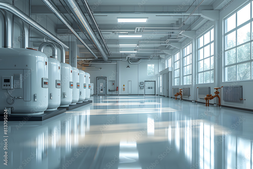 Industrial interior of a large clean room with machinery and shiny ...
