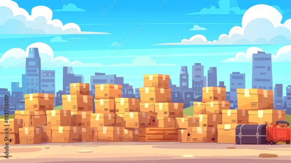 Moving banner illustration with cardboard boxes and suitcase. Modern ...