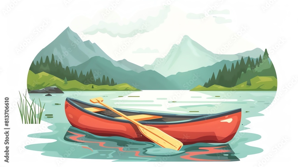 Canoe on river flat design front view, outdoor theme, cartoon drawing ...