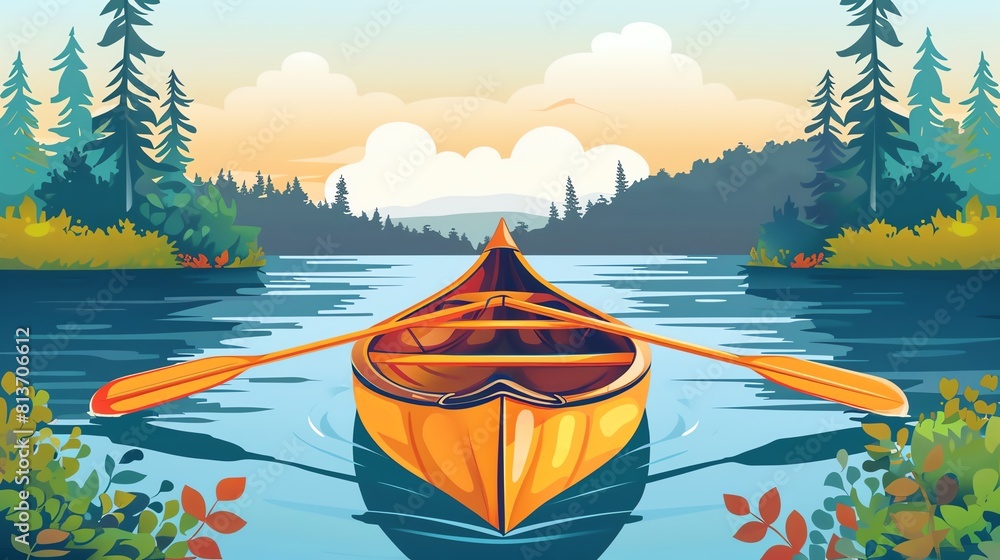 Canoe on river flat design front view, outdoor theme, cartoon drawing ...