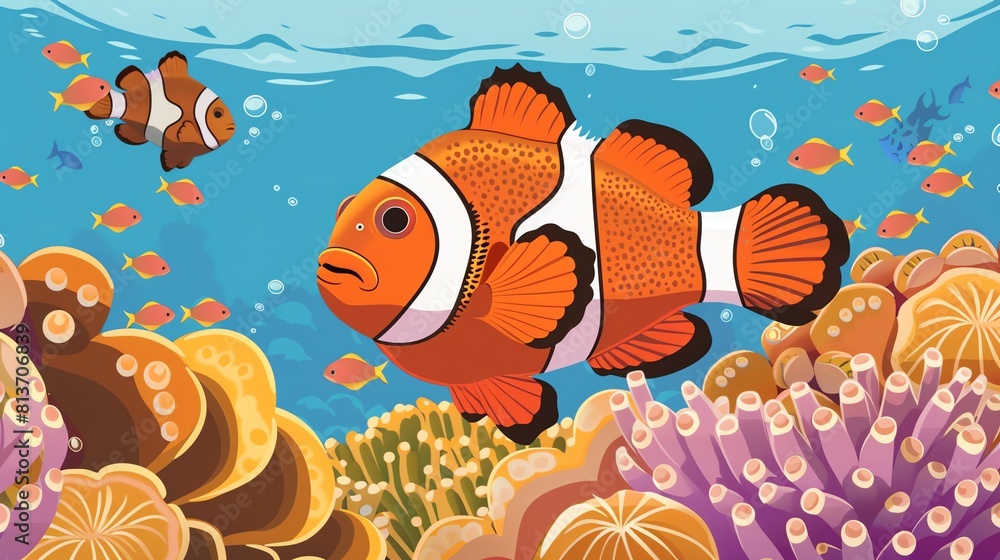 clownfish flat design top view, coral reef theme, cartoon drawing ...