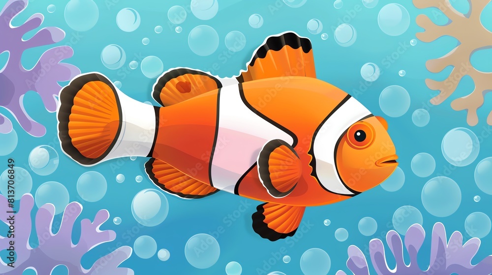 clownfish flat design top view, coral reef theme, cartoon drawing ...