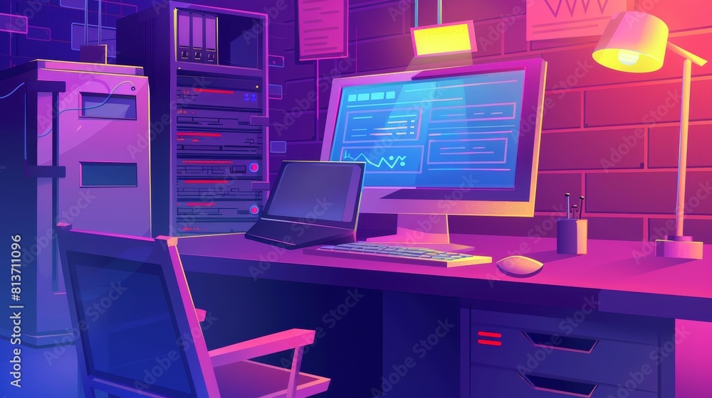 A modern cartoon illustration of a desktop computer with a ...