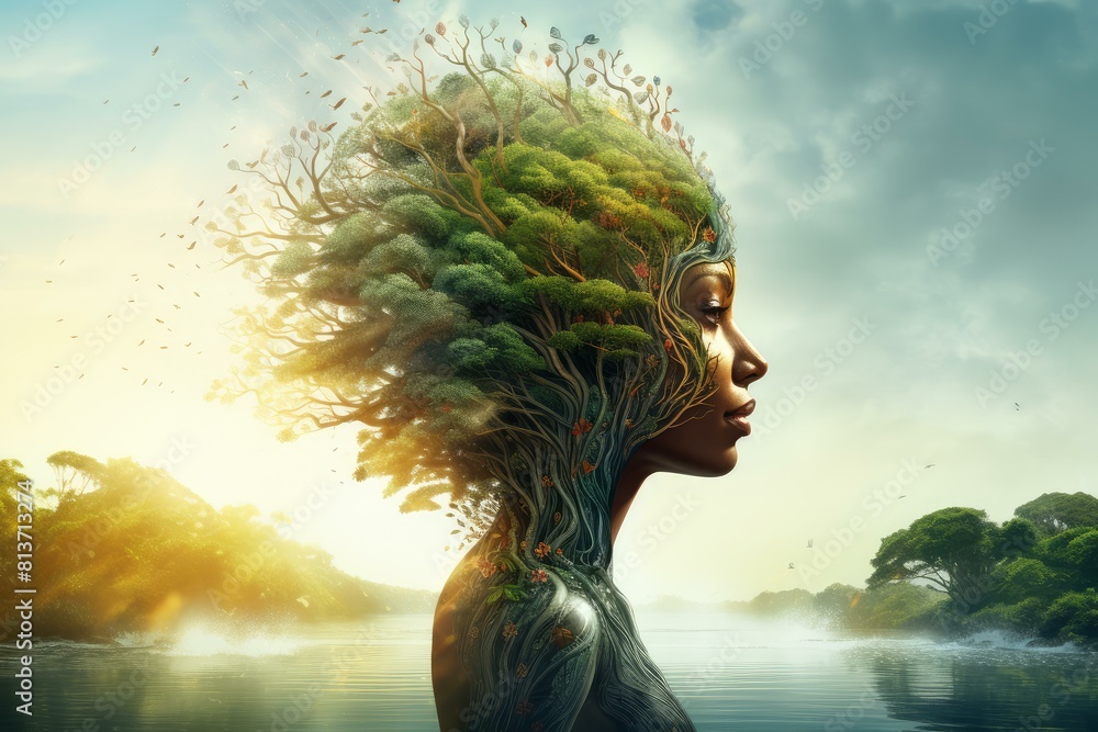 Artistic profile of a female figure with a tree canopy as hair ...