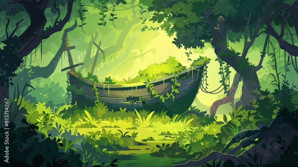 In a deep forest, an old sunken ship covered with moss is stuck in the ...