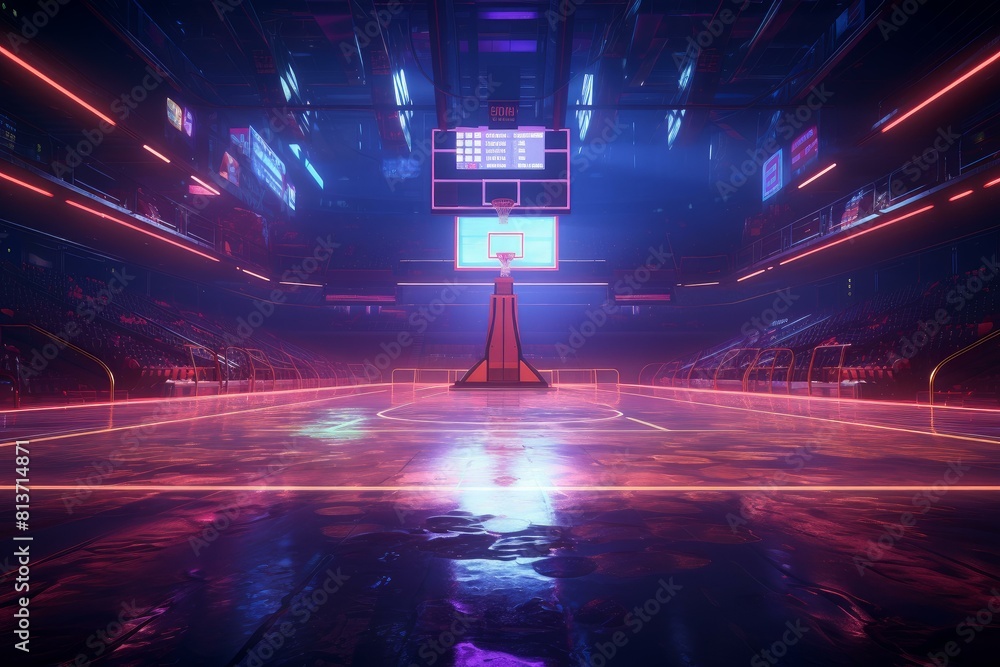 Empty basketball court enhanced with vibrant blue and red neon lights ...