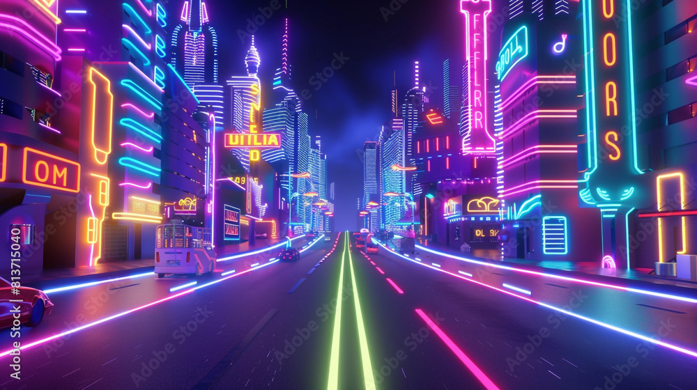 Render a road that travels through a city of neon lights, with bright ...
