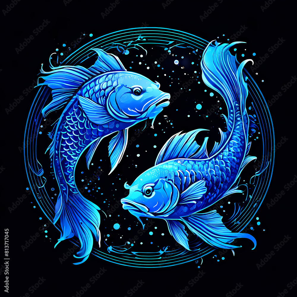 Vibrant Colorful Pisces Zodiac Sign Illustration Against a Black ...