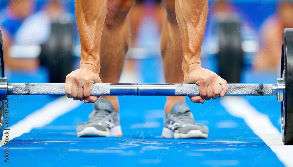 Weightlifter displaying stable footing in close up squat pose ...