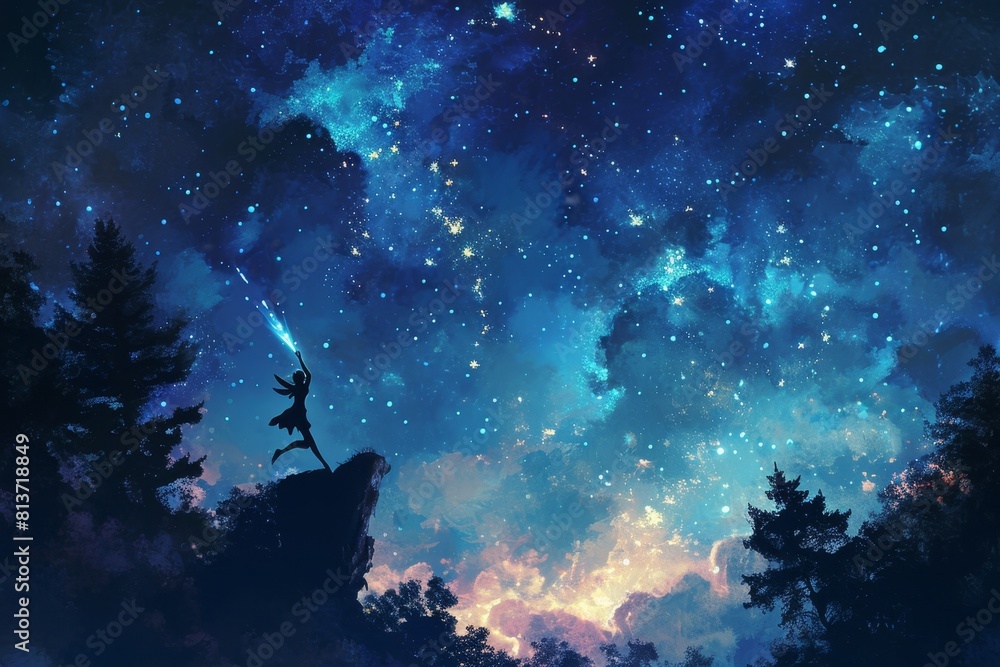 A magical night sky filled with fairies riding shooting stars, their ...