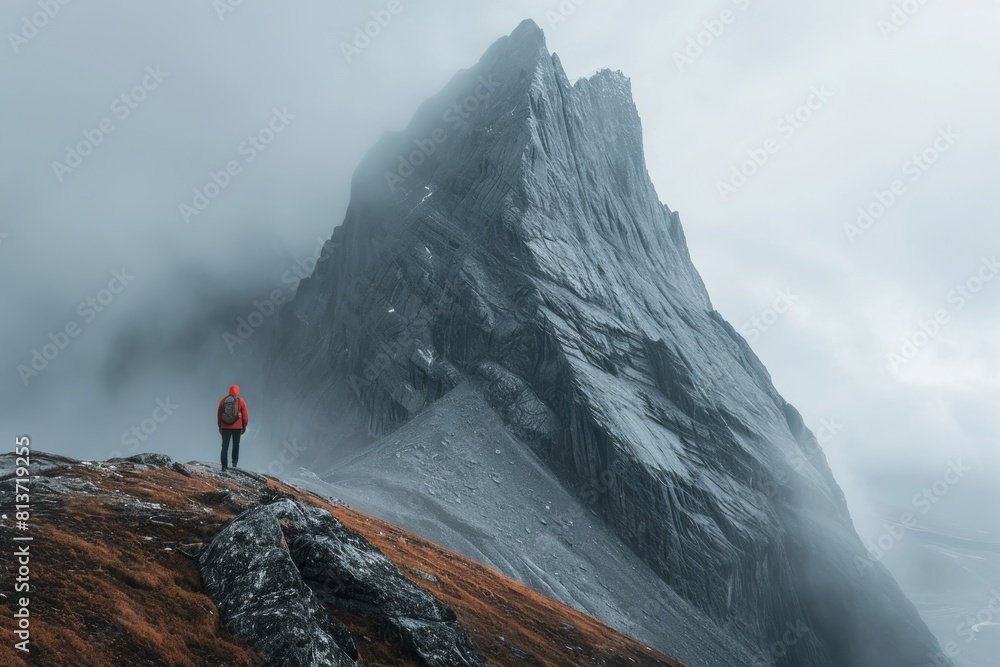 lone hiker standing at the base of a towering mountain, emphasizing the ...