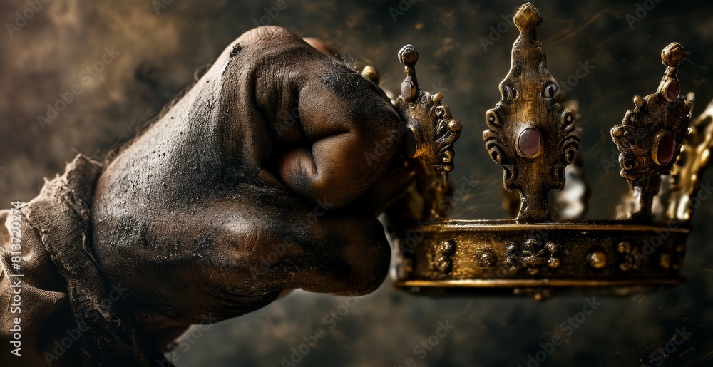 clenched fist gripping a golden crown, symbolizing the corrupting ...