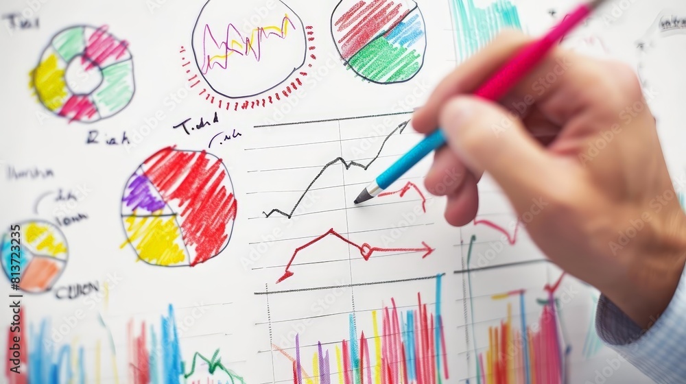hand drawing strategy chart on flip chart with blue and red pen Stock ...