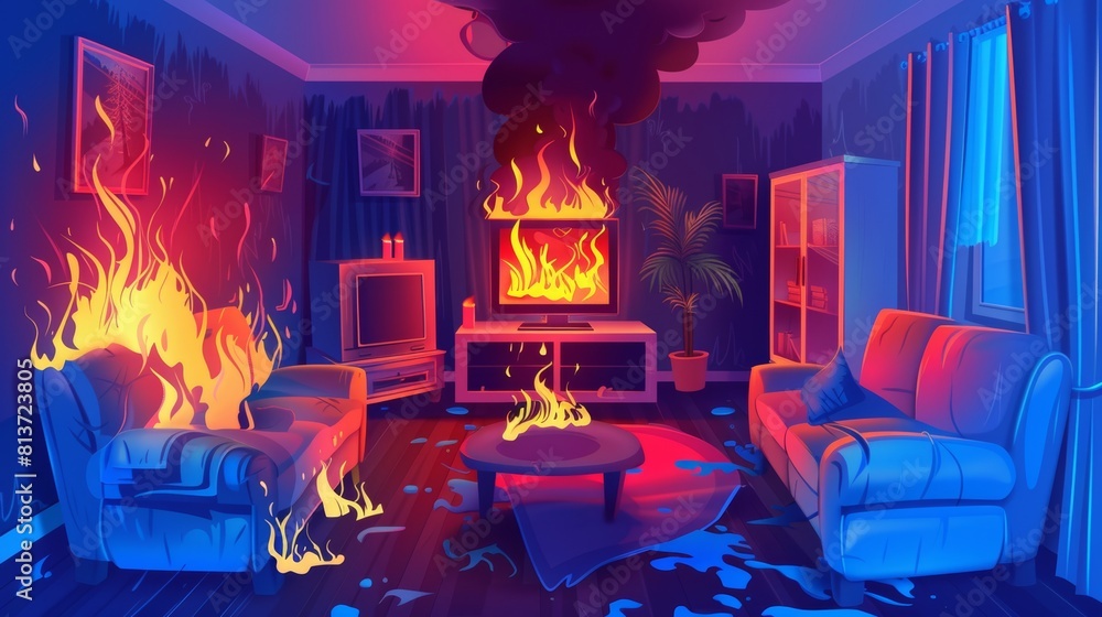 The interior of a house is on fire, with flames and black smoke clouds ...