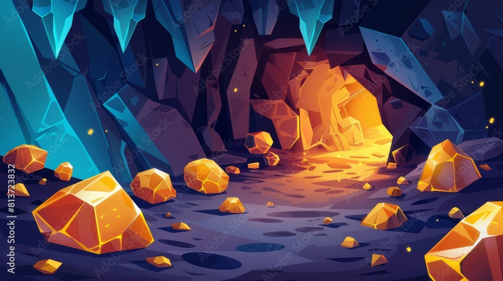 Tunnel of copper ore mine with shiny yellow pieces, ingots, and nuggets ...