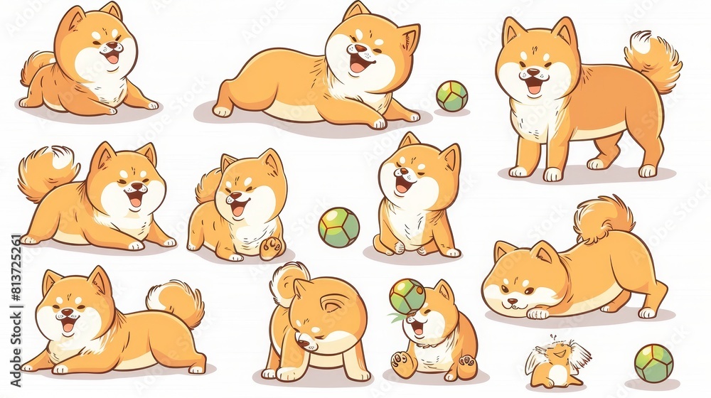 Shiba inu dog cartoon character in different poses. Cute shiba inu pup ...