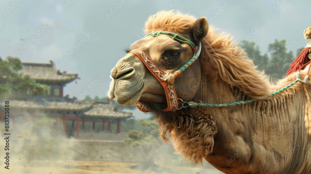 Portrait of a beautiful camel. A caravan of camels goes through the ...