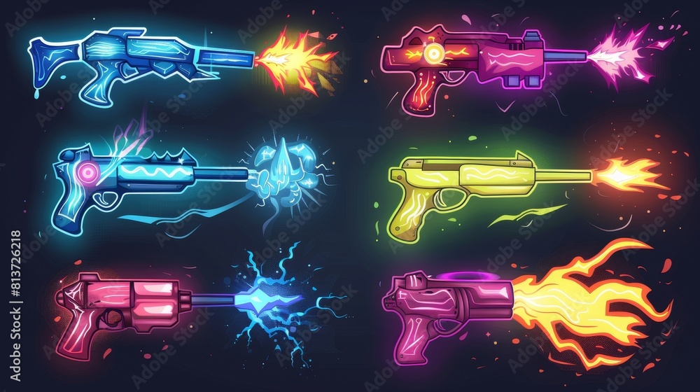 A cartoon modern set of space guns with explosions, laser blasters and ...